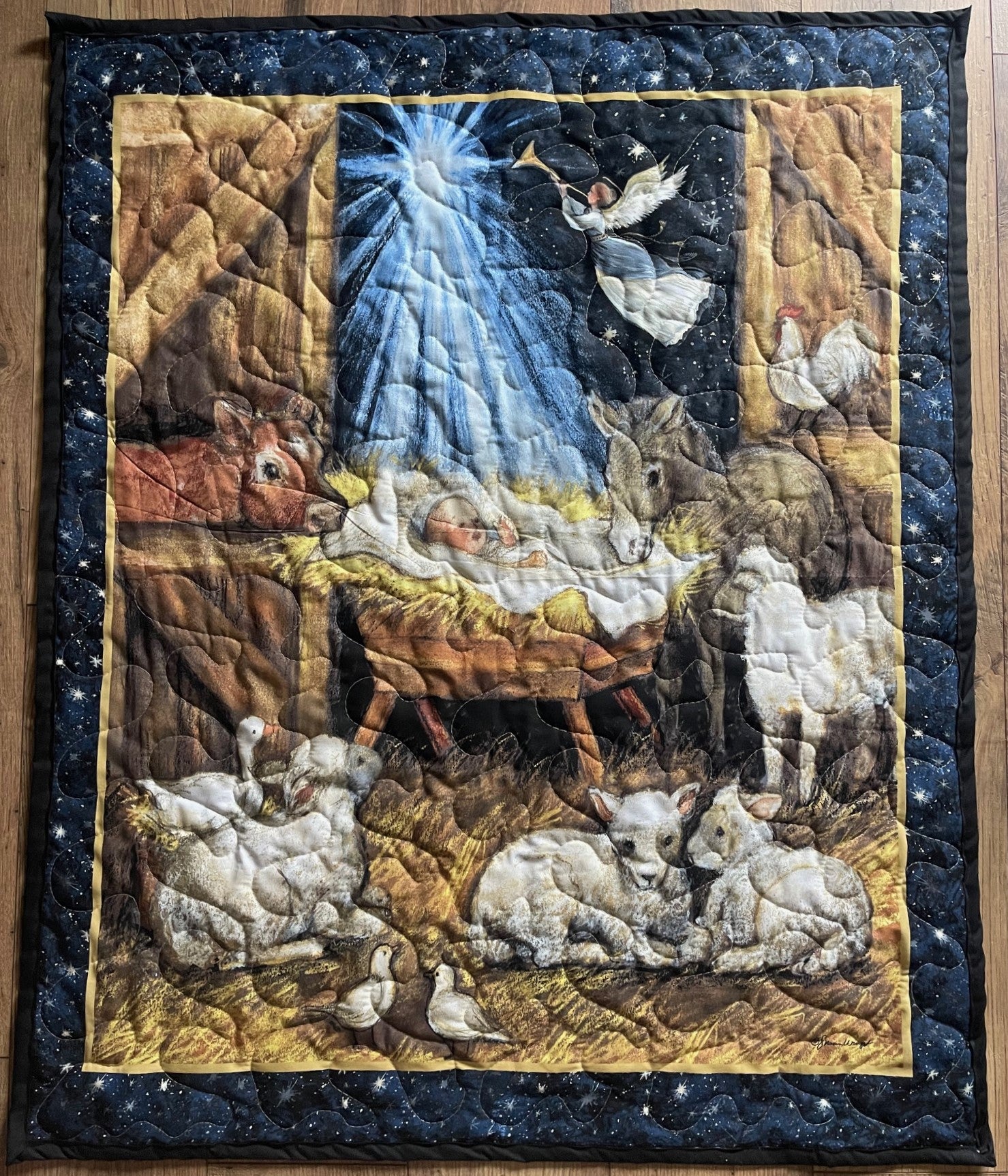 CHRISTMAS NATIVITY BABY JESUS IN A MANGER BARN SCENE BEAUTIFUL QUILTED ...